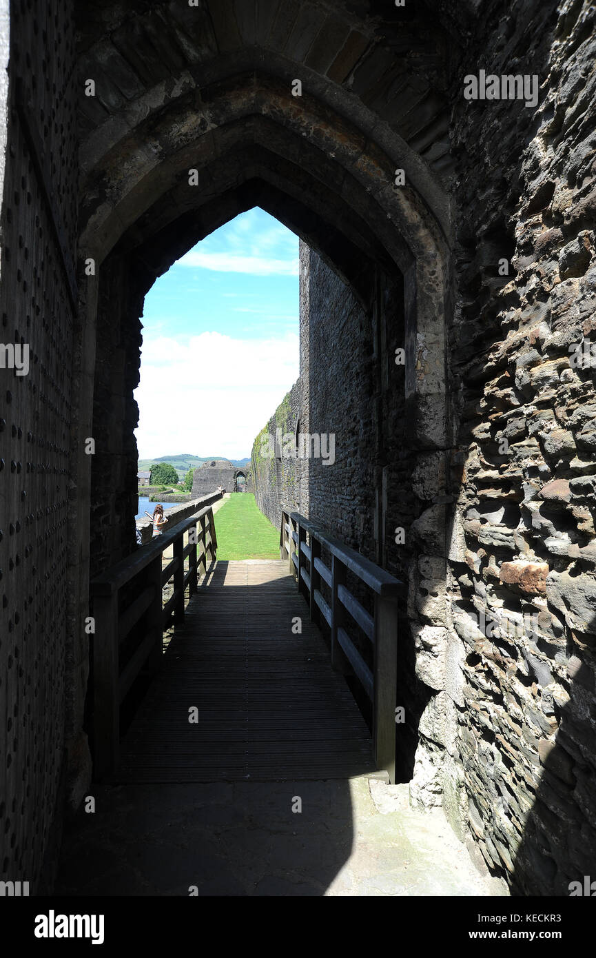 Looking north along the inside of the north dam. Caerphilly Castle ...