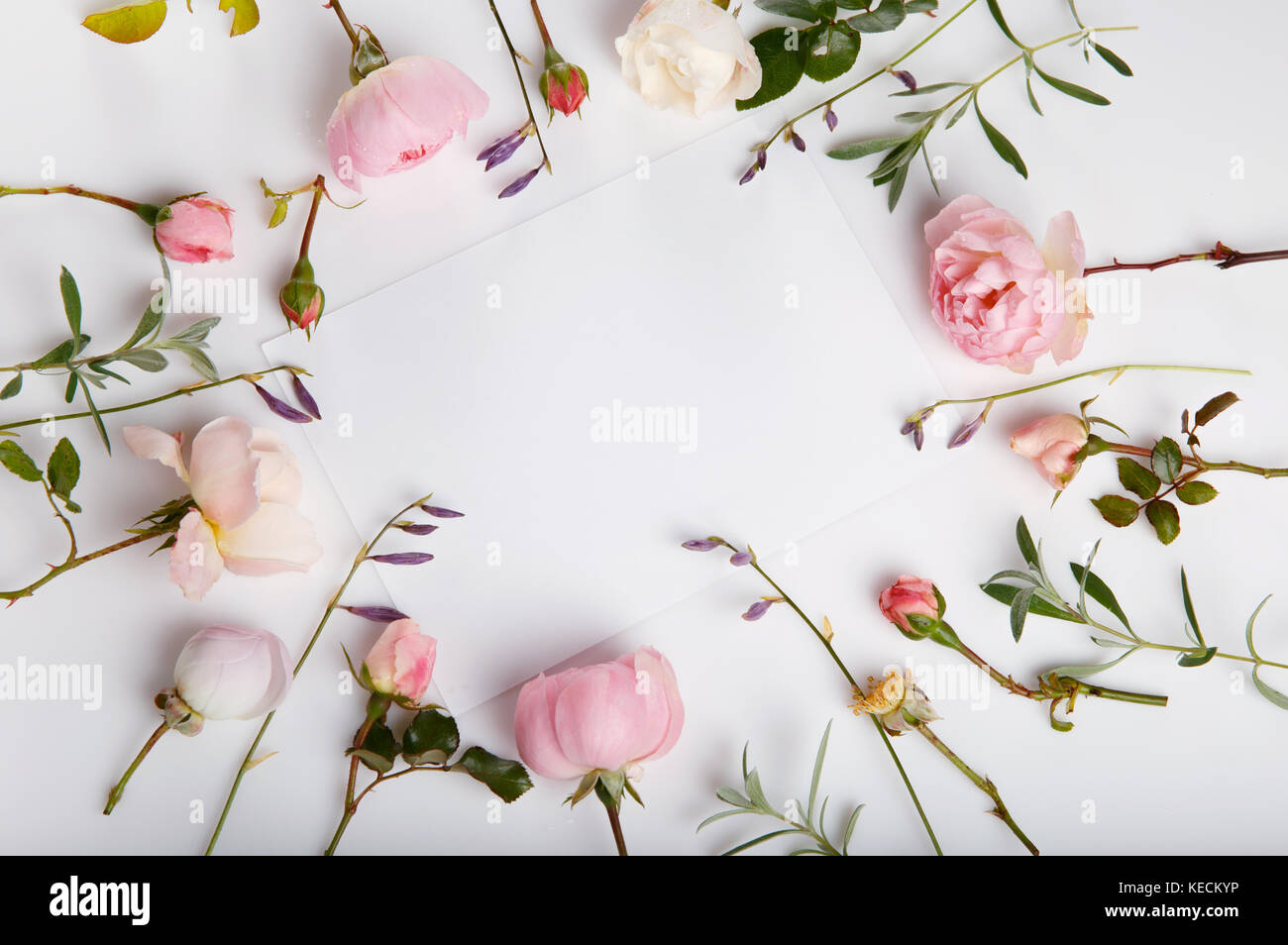 Festive flower composition on the white wooden background. Overhead ...