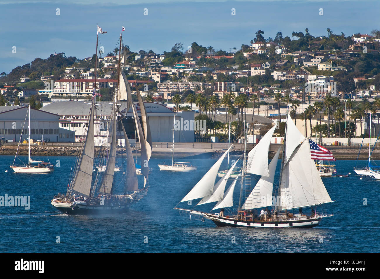 Tall Sailing Ship Anazing Grace under full sail on San Diego Bay, CA US ...