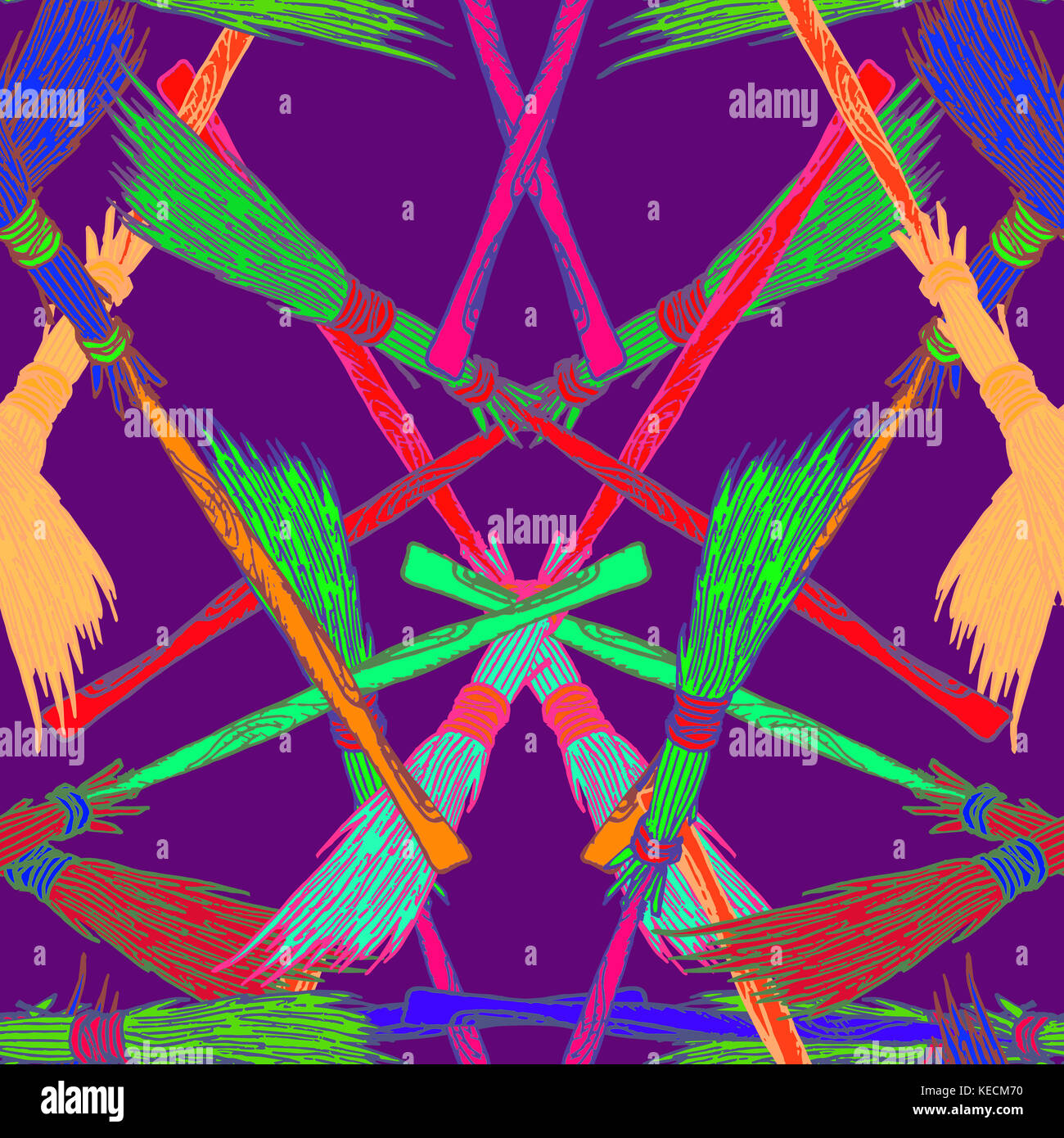 Colorful brooms, hand drawn doodle, sketch in pop art style, seamless ...