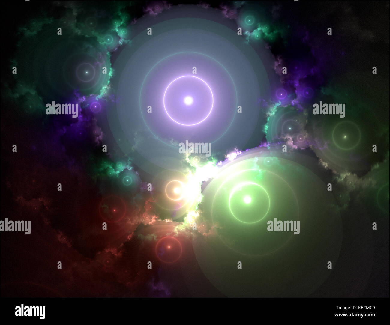 Two spherical shapes colliding in the middle of a nebula Stock Photo ...