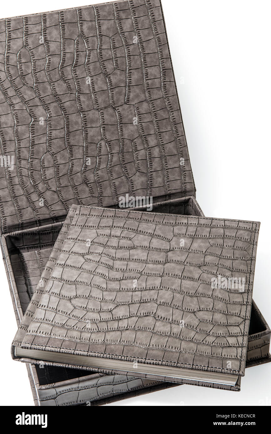 brown leather box with book on white background Stock Photo - Alamy