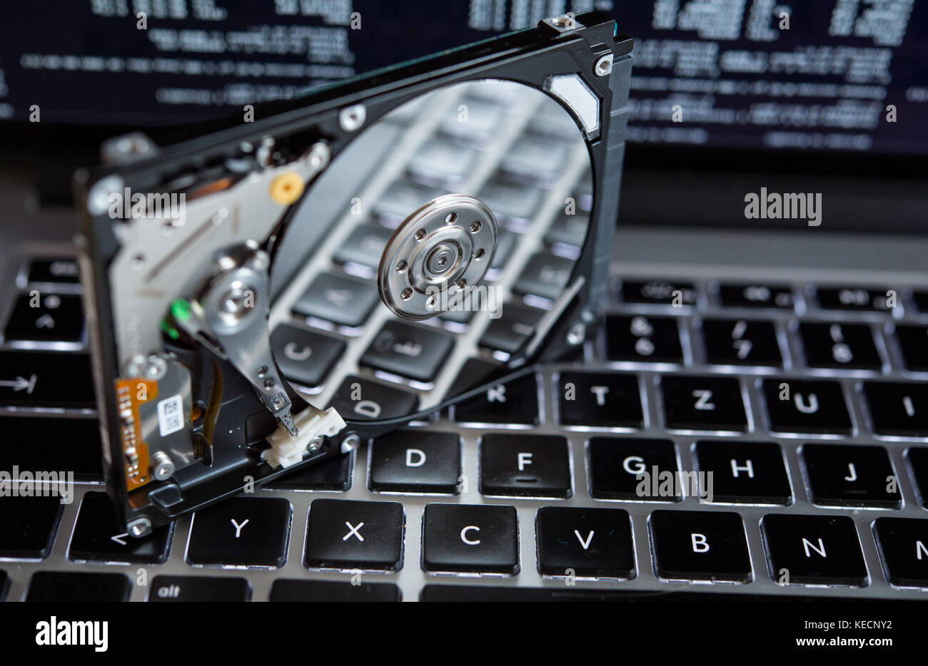 Illustration - open harddrive placed on laptop keyboard, Norden, Lower ...