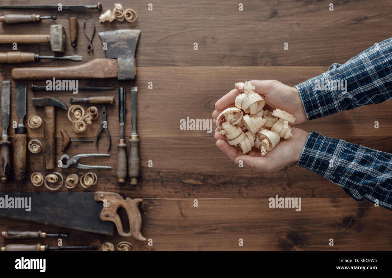 Professional carpenter holding wood shavings and vintage woodworking ...