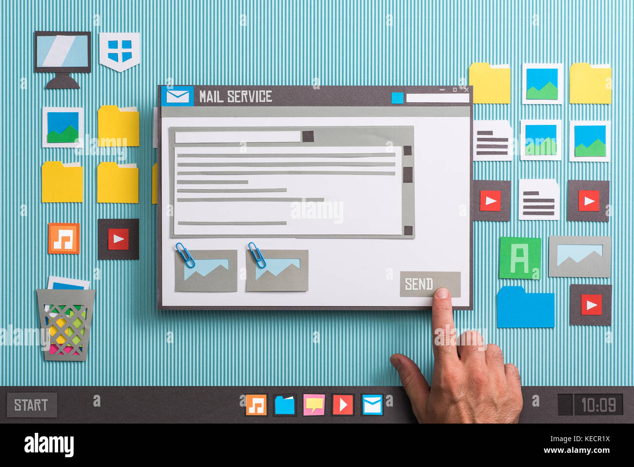 User sending an e-mail text with attachments using an e-mail client, he ...