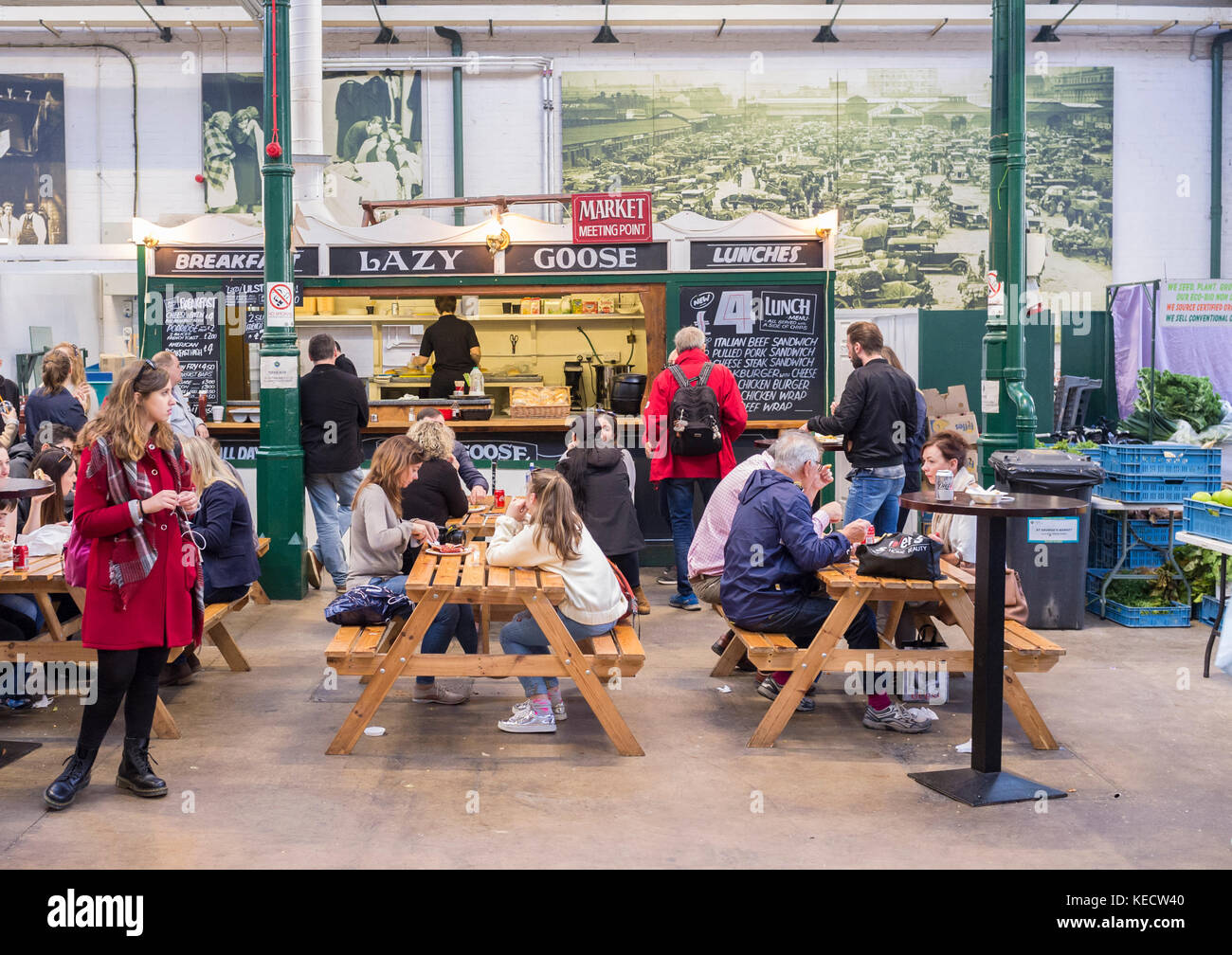 Eating area at food stall, St. Georges Market, Belfast Stock Photo - Alamy
