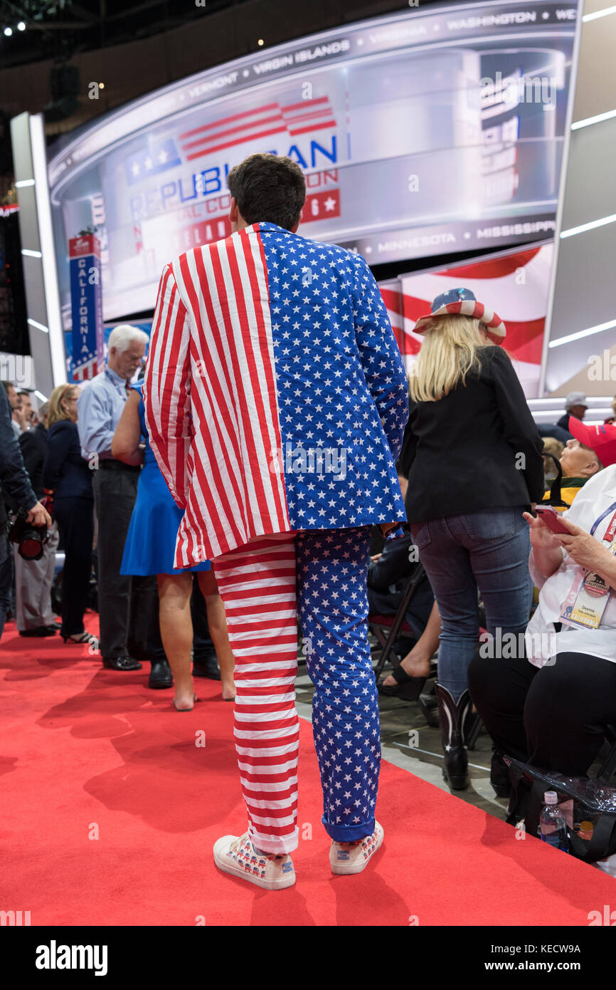 A GOP delegate wears a stars and stripes suit during the Republican ...