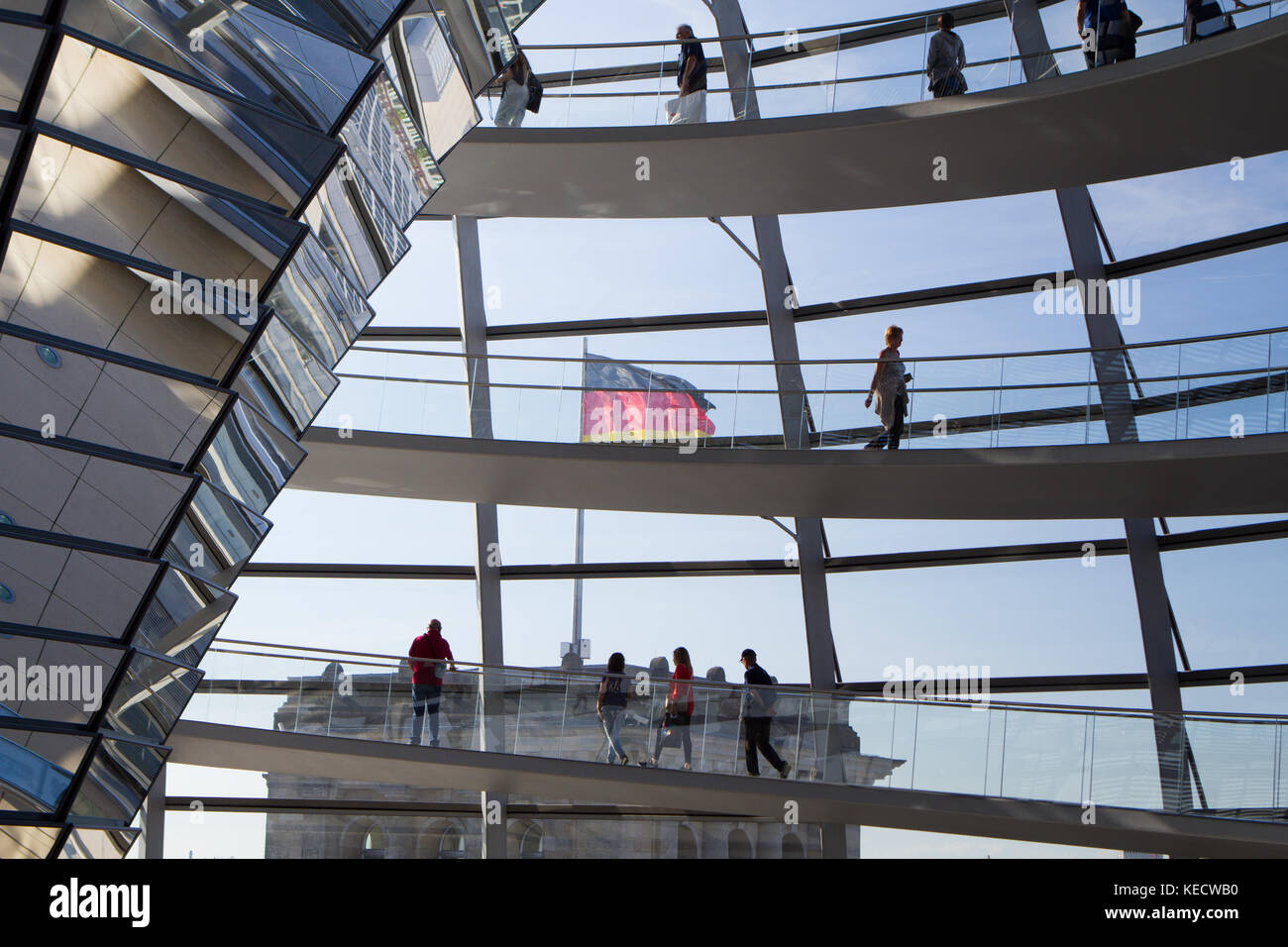 Reichstag dome, view from inside with german flag and tourist ...