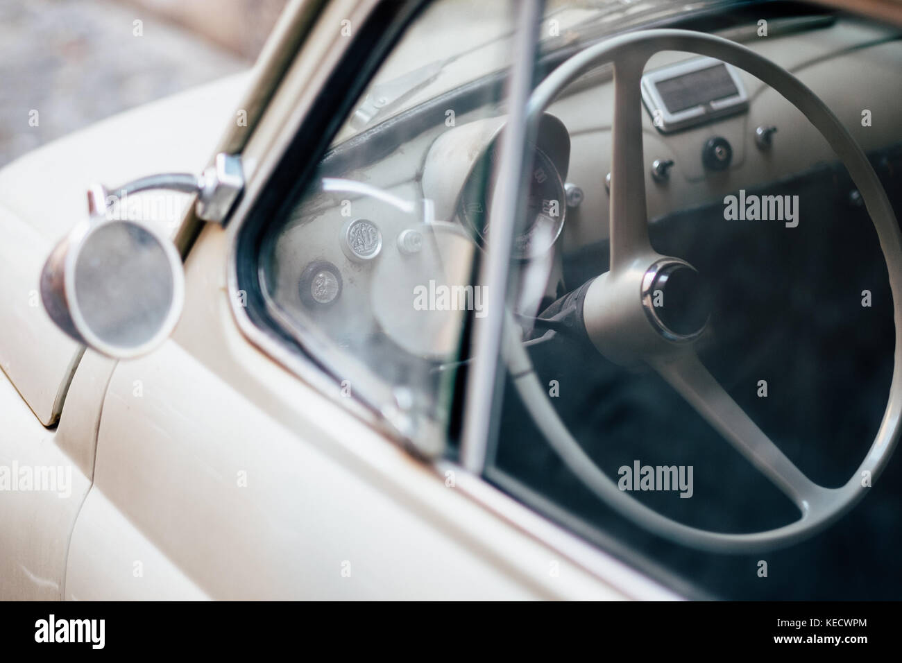 A view through the window of a classic, vintage Fiat 500 car in Rome ...