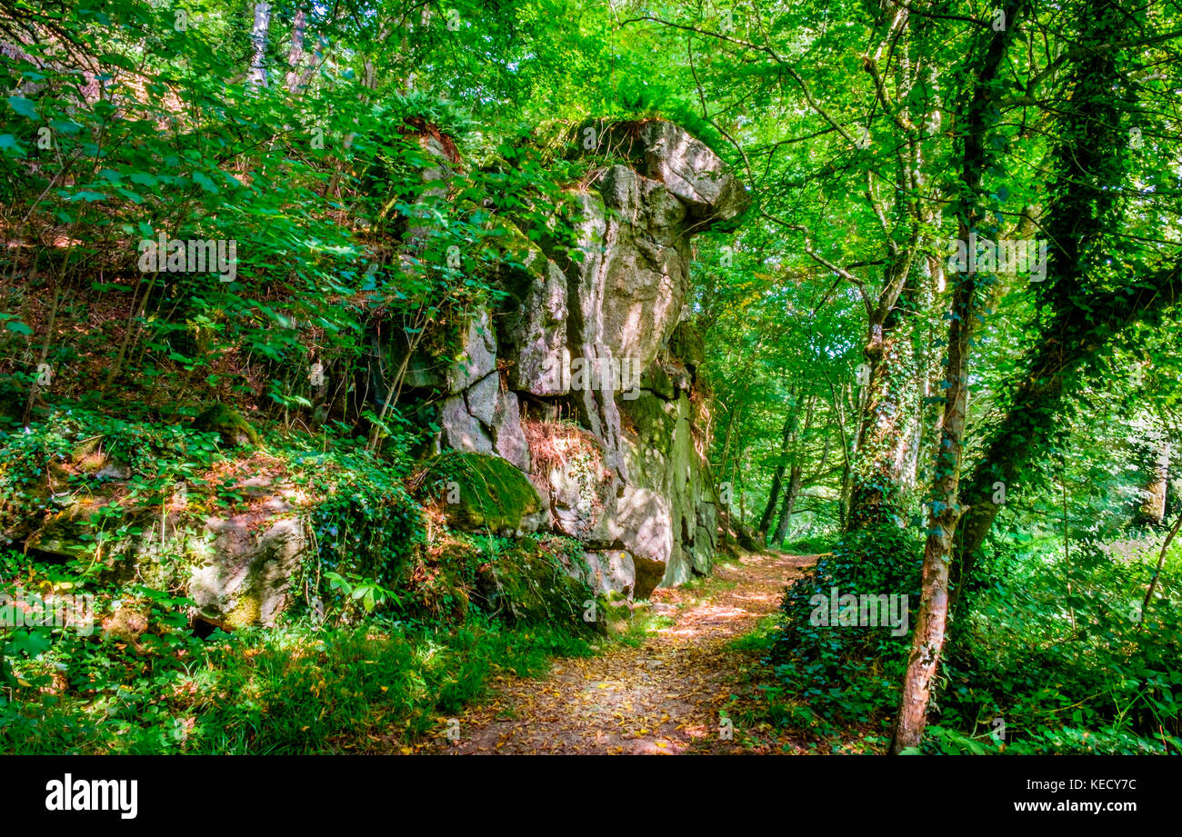 Path by a rock formation in a forest near Oisseau village in summer ...