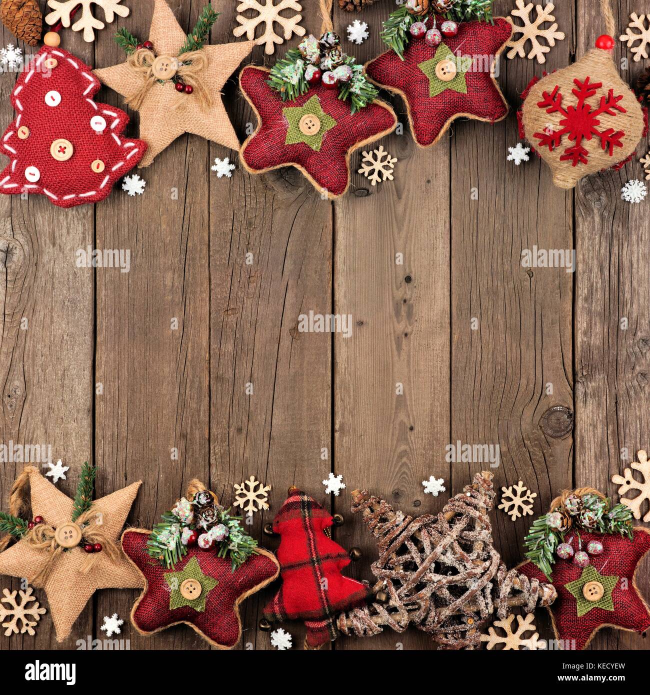 Rustic Christmas double border with burlap and cloth ornaments over ...