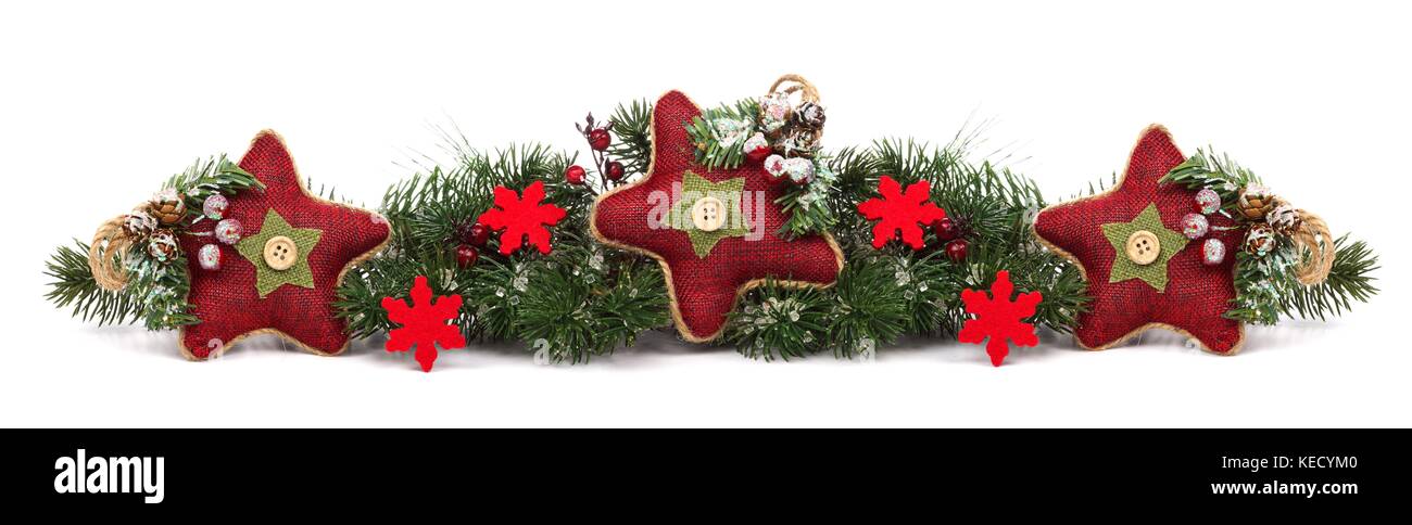 Christmas border with rustic red star ornaments and branches isolated ...