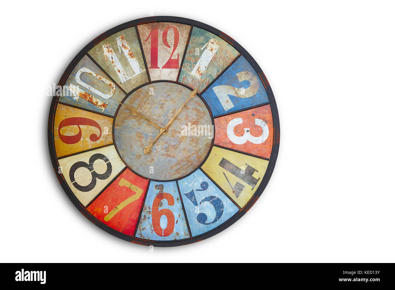 Rusty colored wooden wall watch isolated on white. Horizontal Stock ...