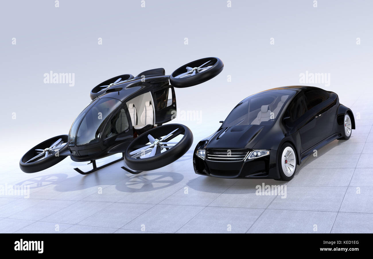 Self-driving car and passenger drone parking on the ground. 3D ...