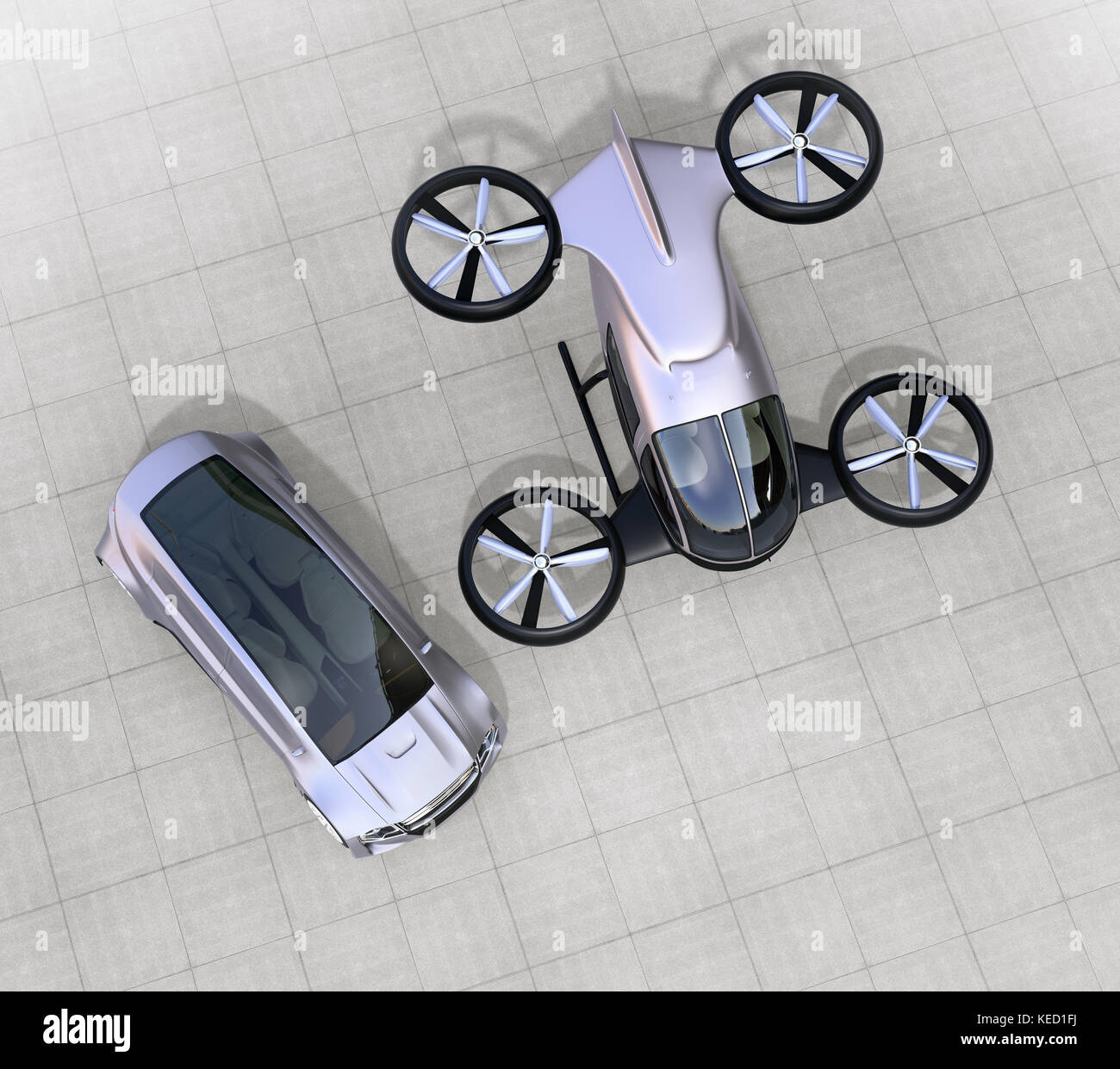 Self-driving car and passenger drone parking on the ground. 3D ...