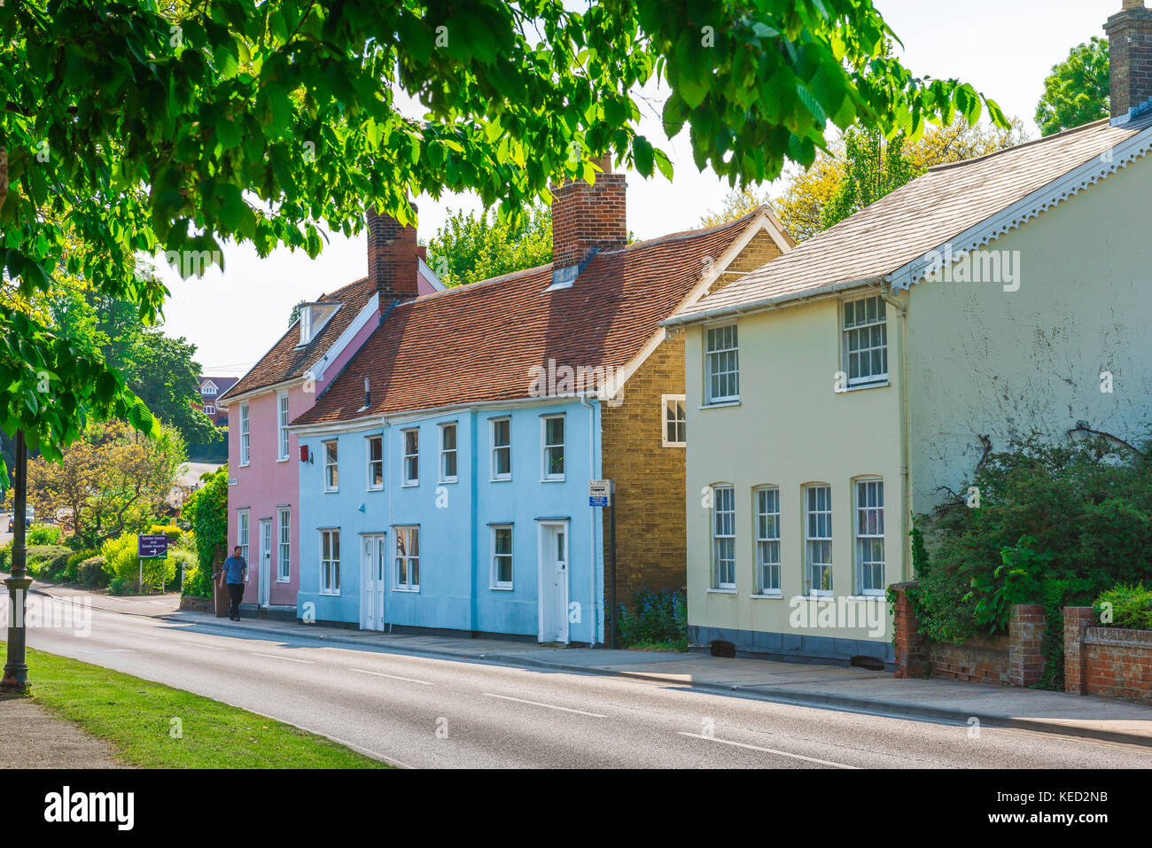 Woodbridge Suffolk town, view in summer of a row of colourful cottages ...