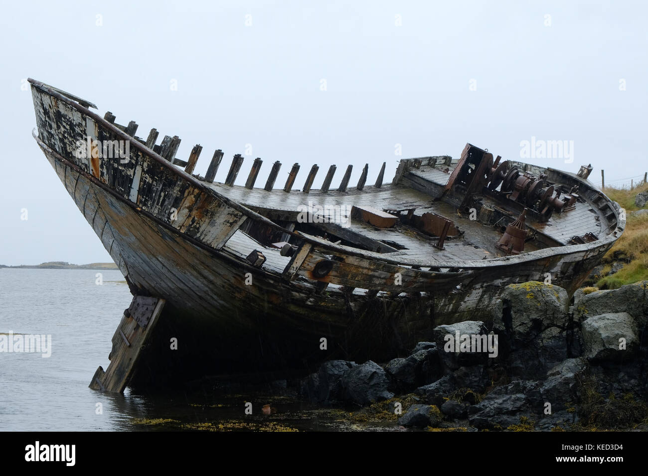 Old shipwreck stranded on shore with decaying wood on remote Flatey ...