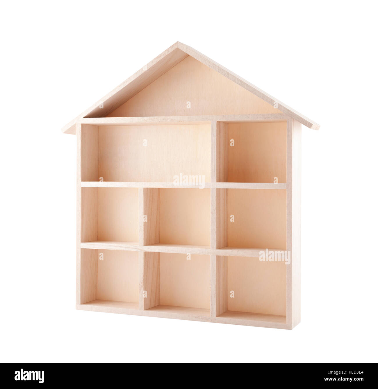 Wooden house shaped shelf isolated on white Stock Photo - Alamy