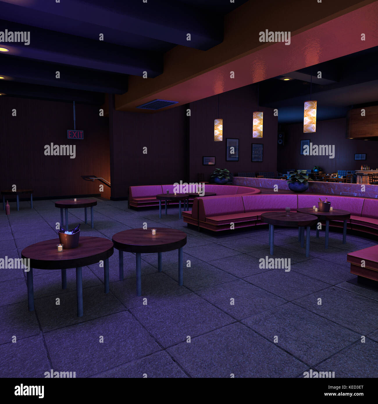3D rendering of a luxury night lounge bar in a purple light Stock Photo ...