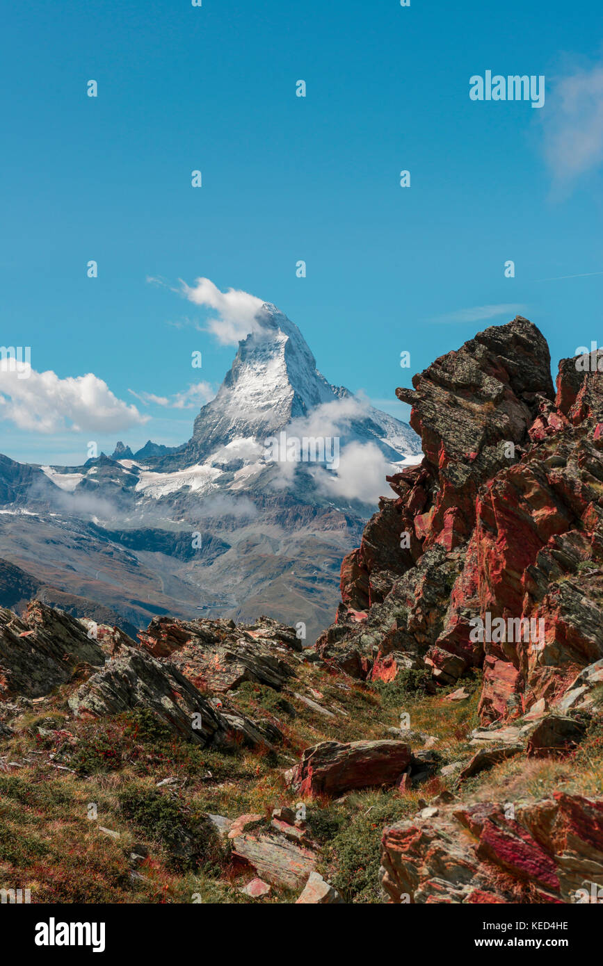 Snow-covered Matterhorn, reddish rock, view of Zermatt, Valais ...