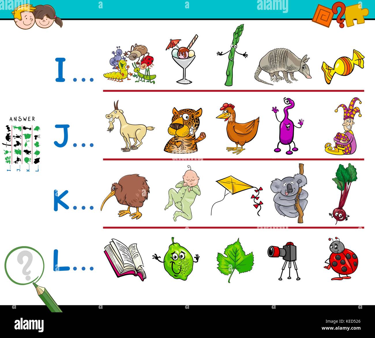 Cartoon Illustration of Finding Pictures Starting with Referred Letter ...