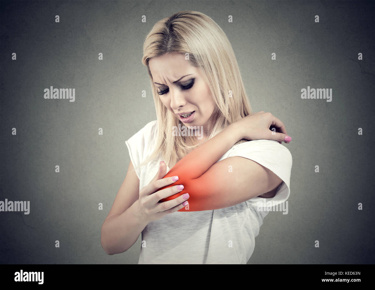 Sad woman with joint inflammation. Female's elbow. Arm pain and injury ...