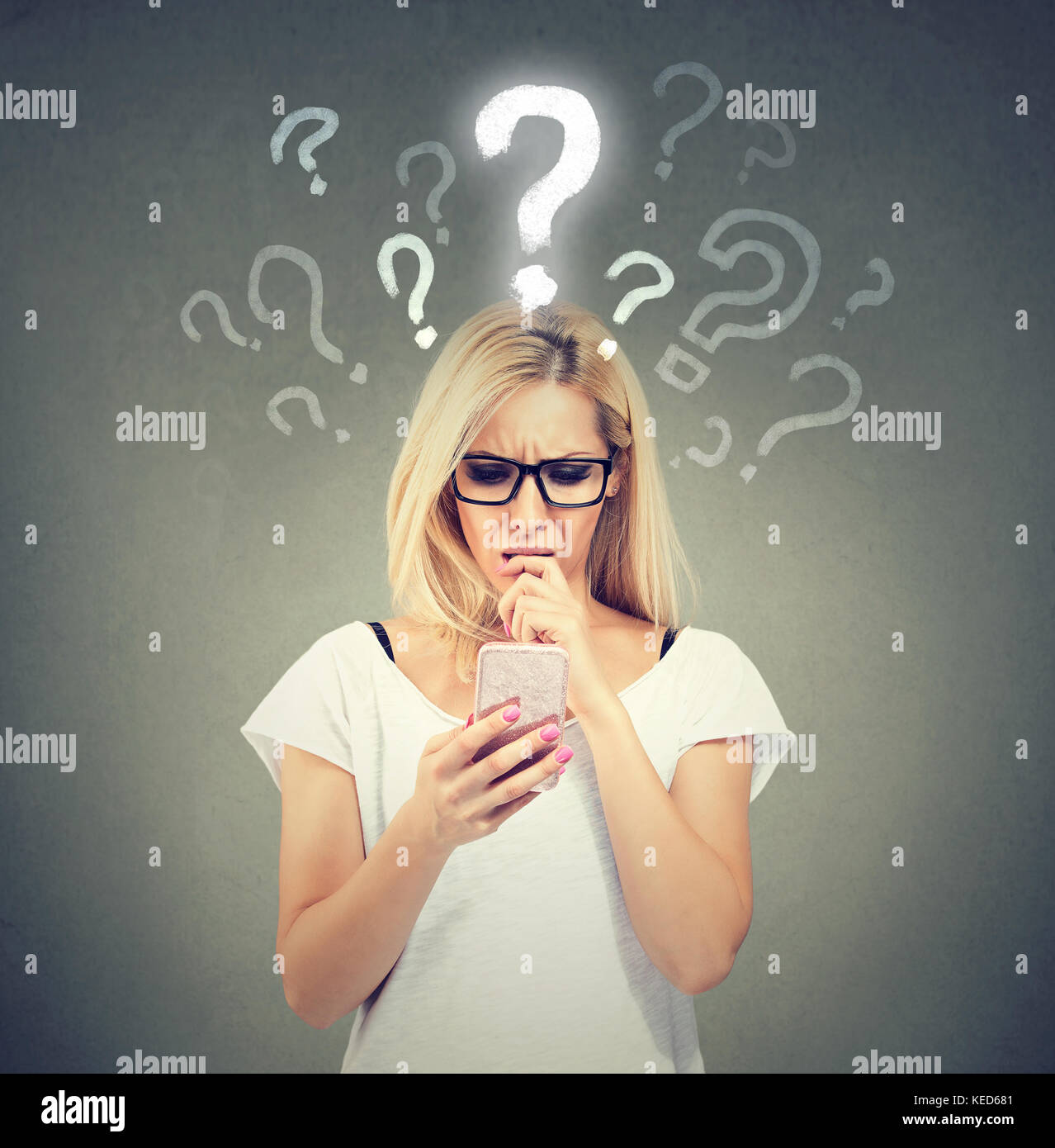 Misunderstanding and distant call. Upset confused woman talking or ...