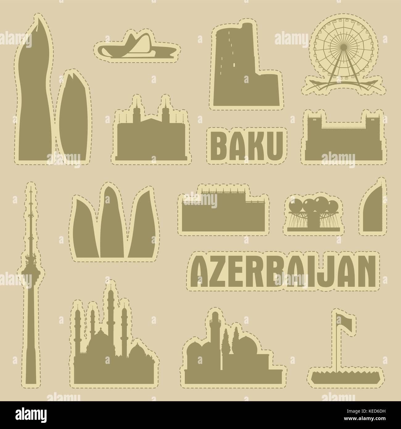 Baku Azerbaijan city icon symbol silhouette set. Vector background ...