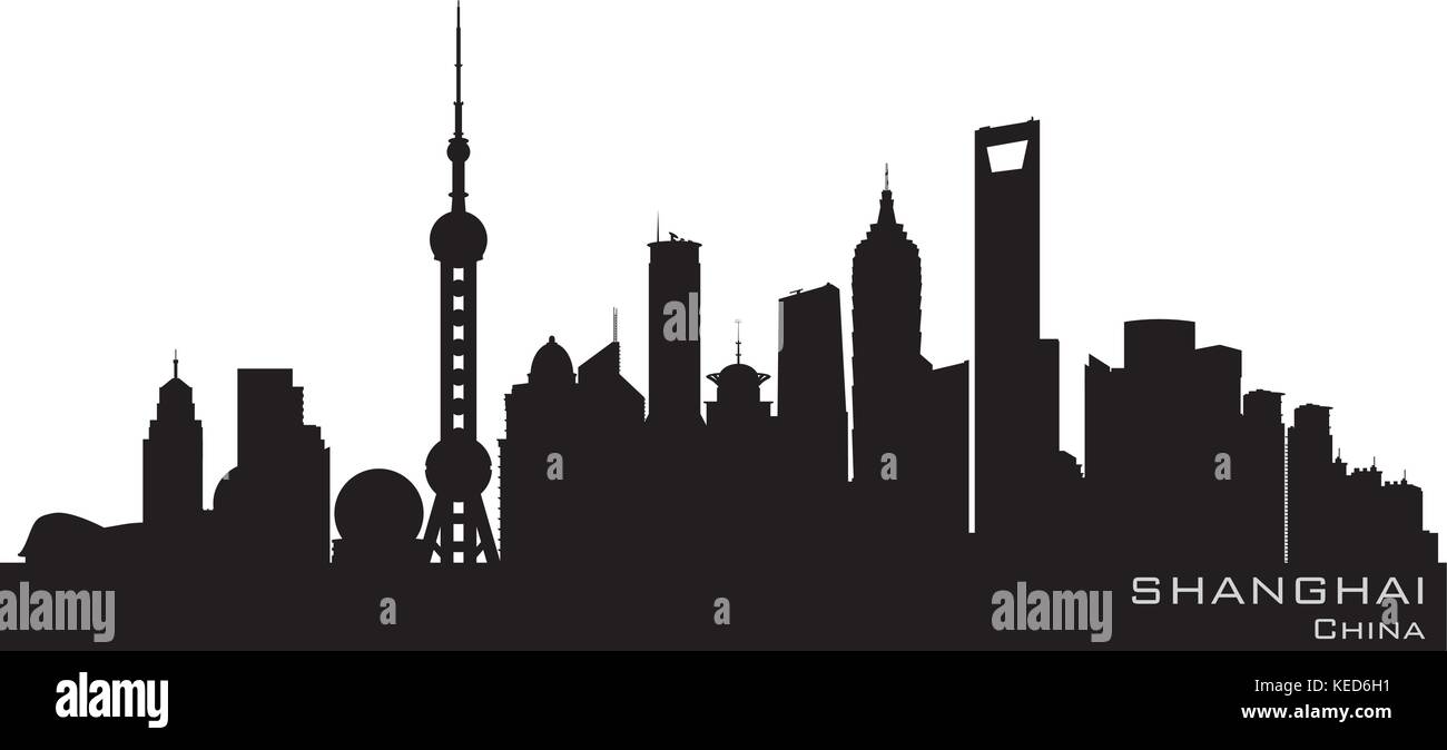 Shanghai China skyline Detailed vector silhouette Stock Vector Image ...