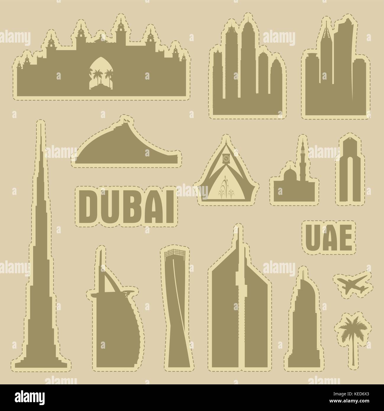 Dubai UAE city icon symbol silhouette set. Vector background ...