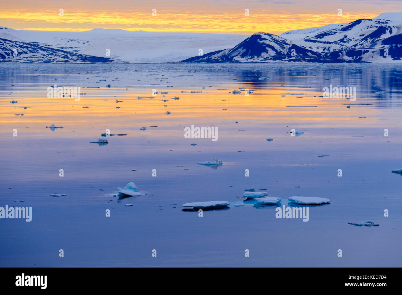 Offshore view across Storfjorden sea ice floe to mountains and glacier ...