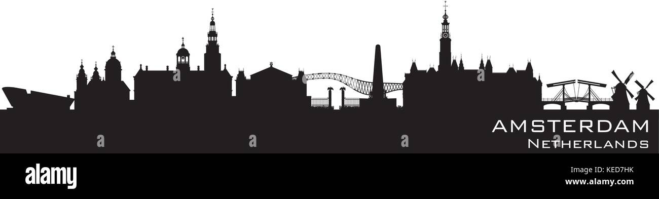 Amsterdam Netherlands skyline Detailed vector silhouette Stock Vector ...