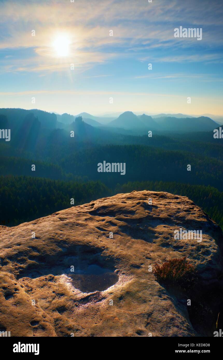 Spring misty morning in forest landscape. Majestic peaks cut lighting ...