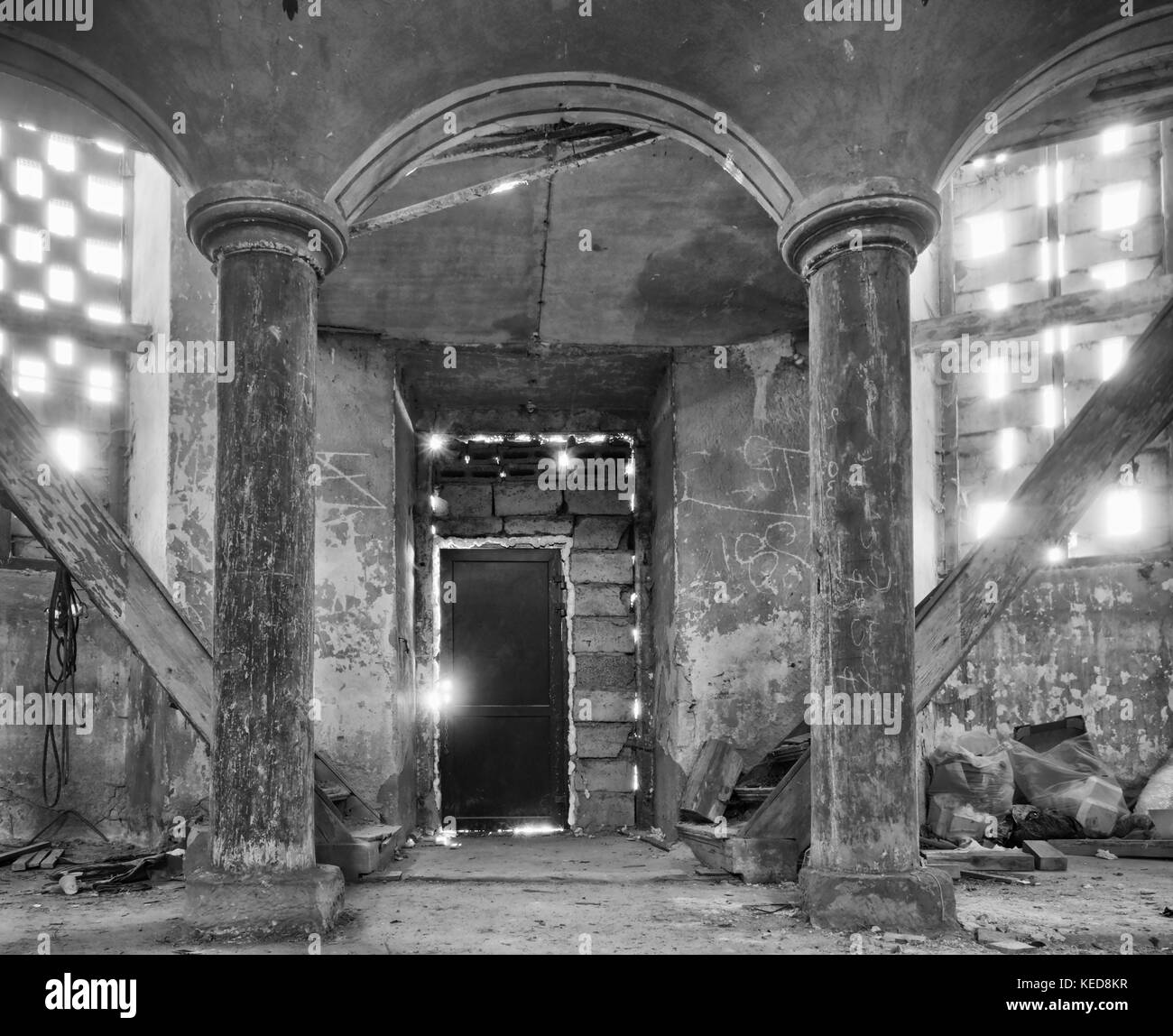 Interier of abandoned church. Vault apse with christian painted ceiling ...