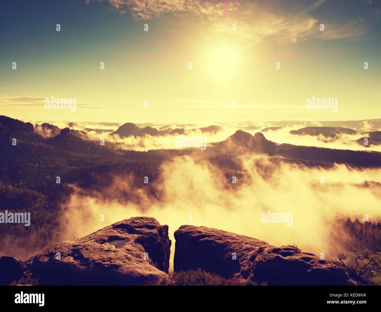 Morning view over sandstone cliff into forest valley, daybreak Sun at ...