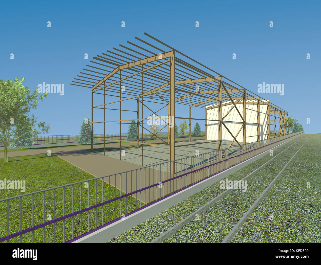 Steel structure building under construction 3D illustration ...