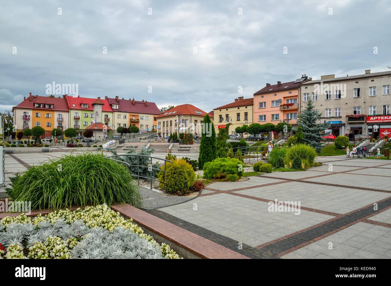 TRZEBINIA, POLAND - AUGUST 19, 2017: Colorful buildings on the market ...