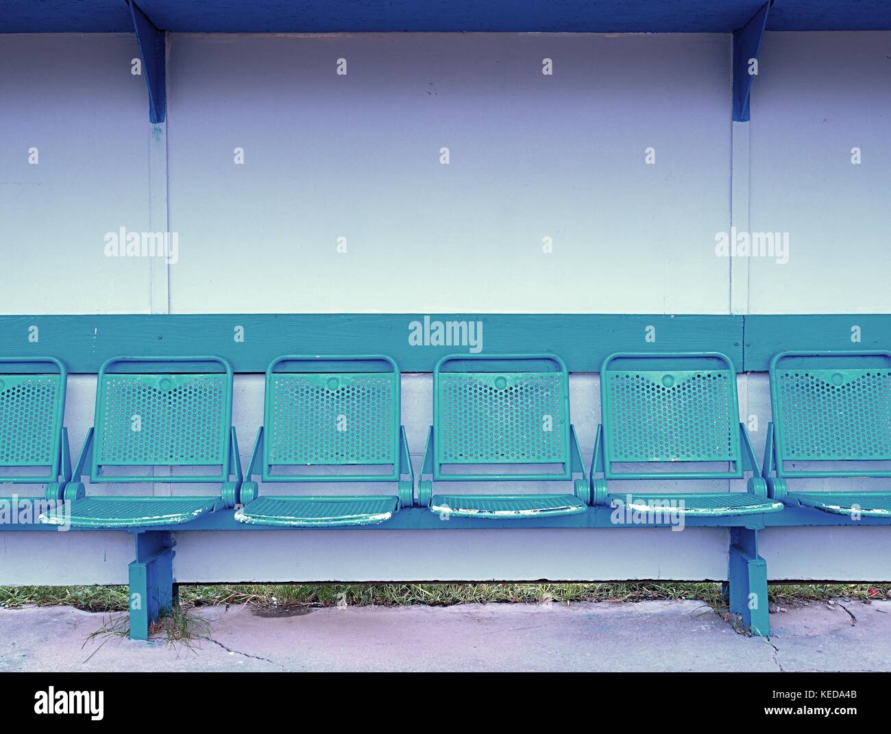 New blue metal seats on outdoor stadium players bench, chairs with blue ...