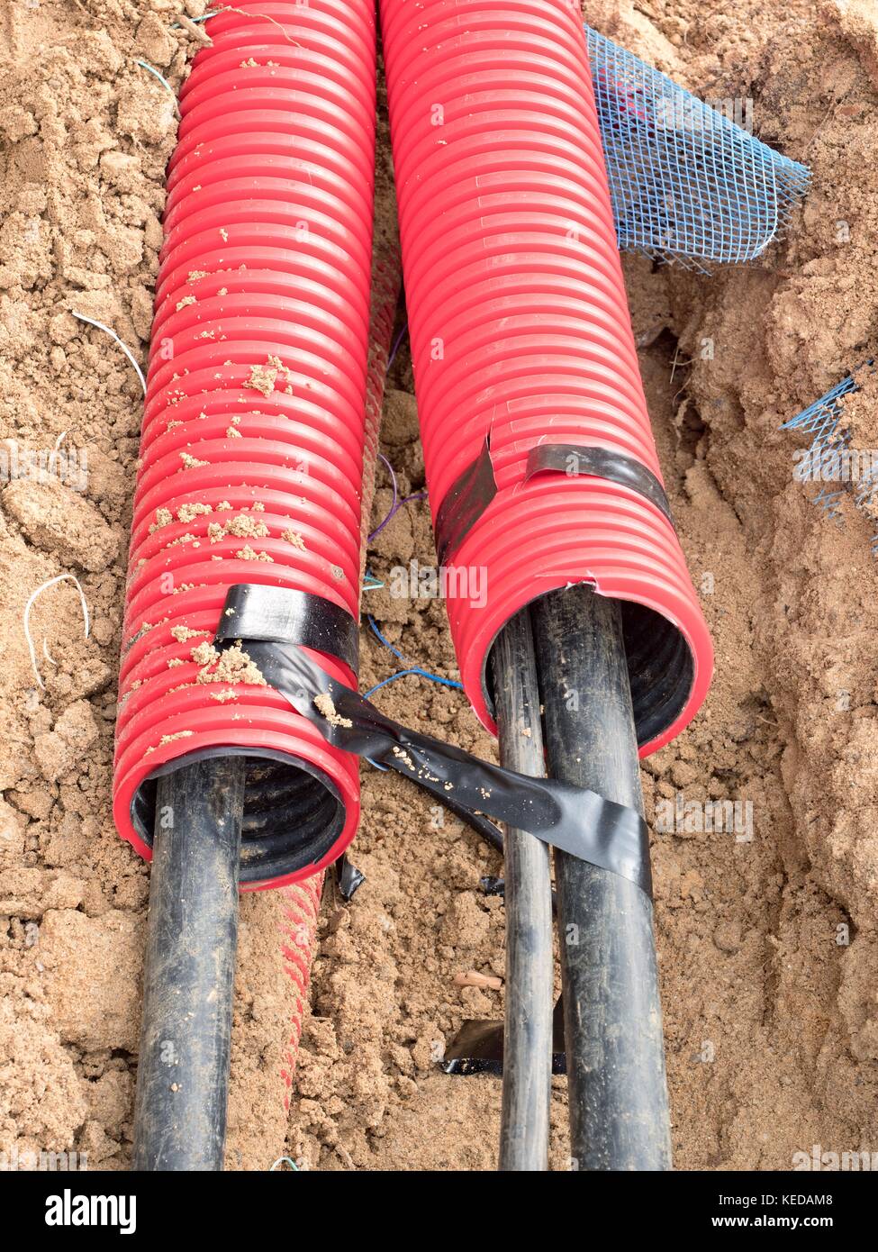 Wire in HDPE and protectivep tube. Building of lines of metallic and ...