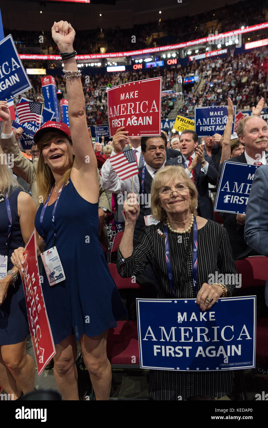 GOP delegates cheer and wave signs during the Republican National ...