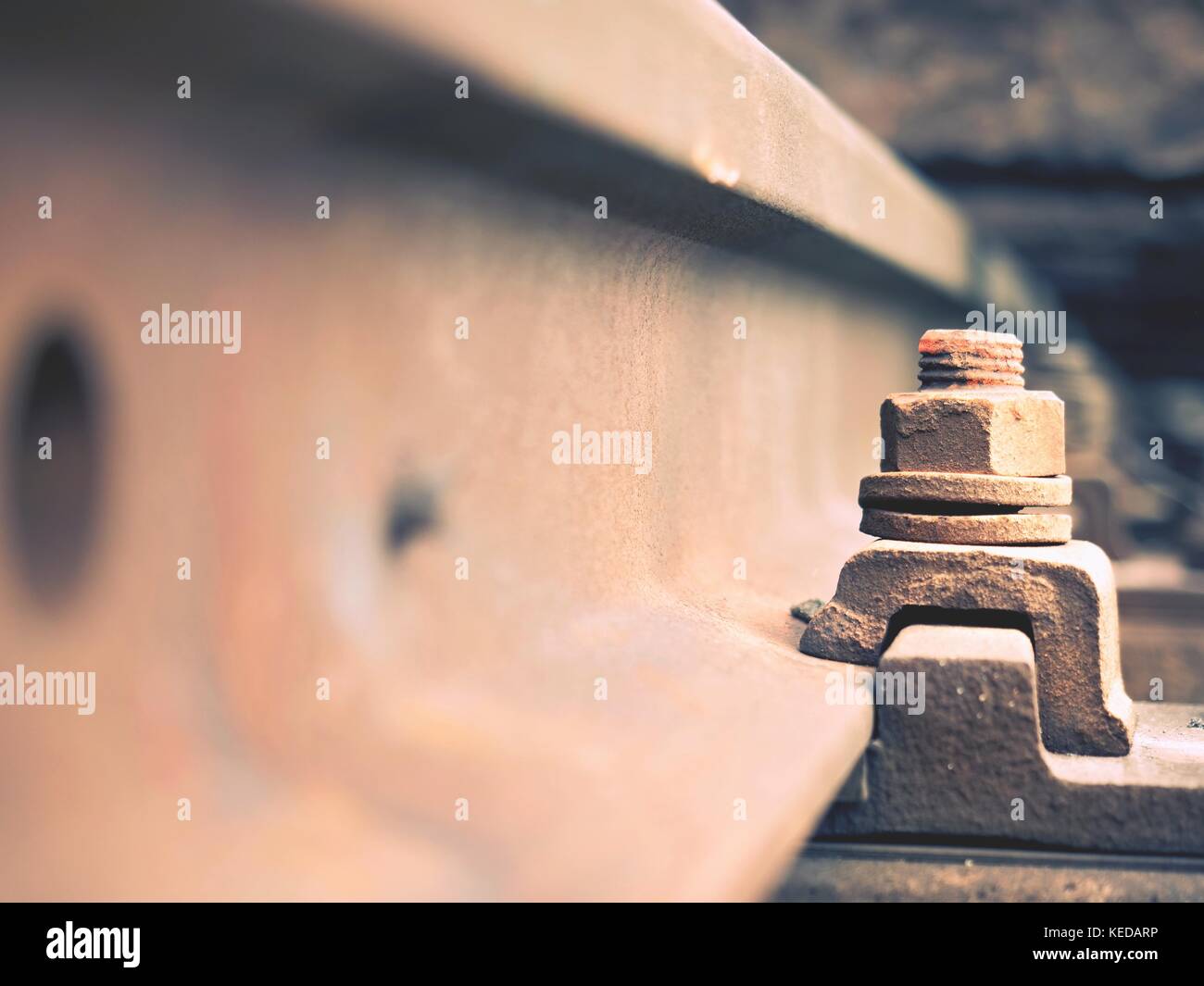 Selective field of focus. Detail of rusty screws and nut on old ...