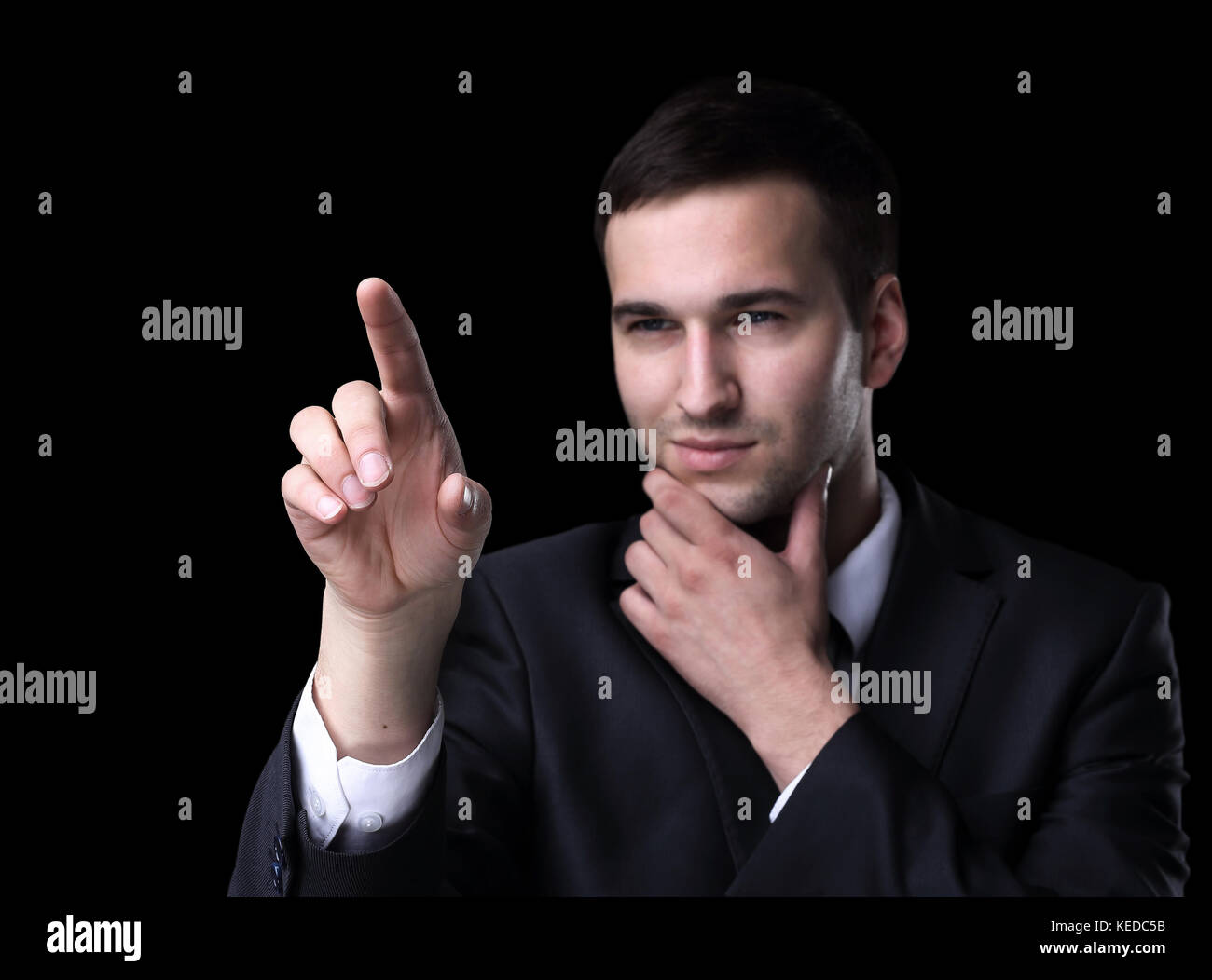 Businessman pushing imaginary button one finger - insert own concept ...