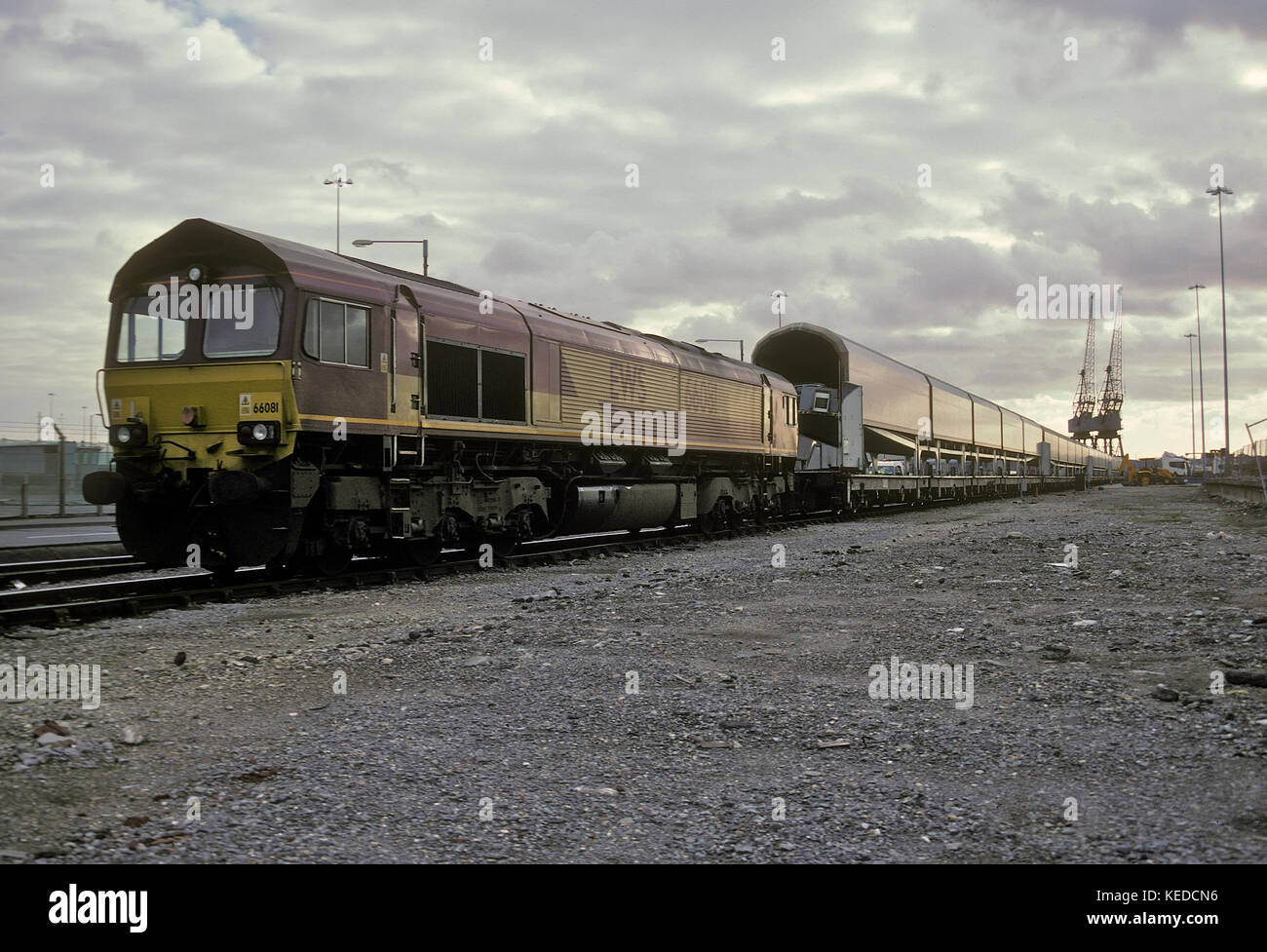 Class 66 locomotive on a car train delivering export vehicles at ...