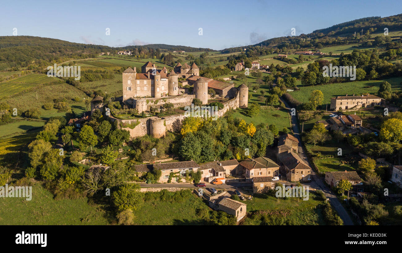 BERZE-LE-CHATEL, FRANCE - OCTOBER 06, 2017: Aerial view of Berze castle ...