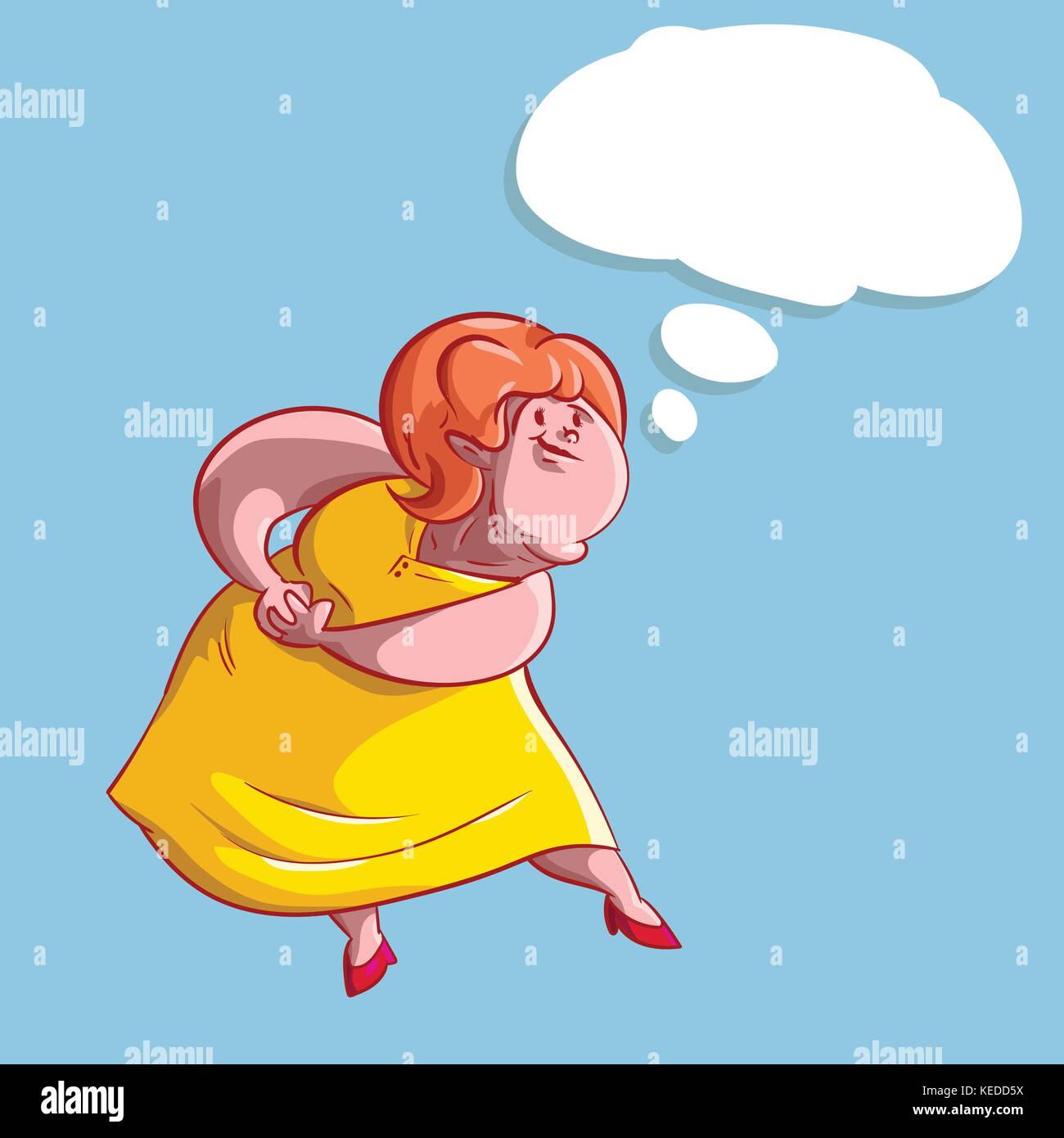 Colorful vector illustration of a overweight lady thinking or dreaming ...