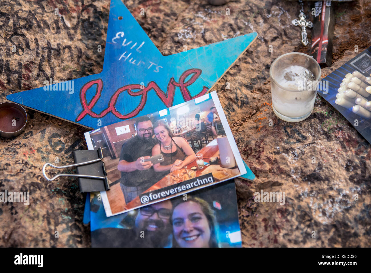 Visitors set up memorials to those lost in the Route 91 Shooting at the ...
