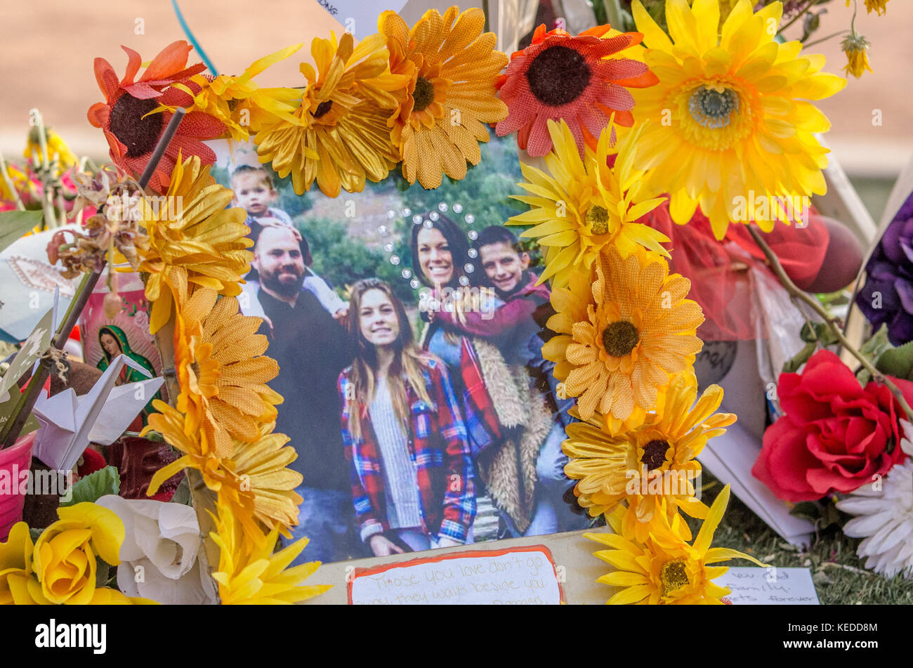 Visitors set up memorials to those lost in the Route 91 Shooting at the ...