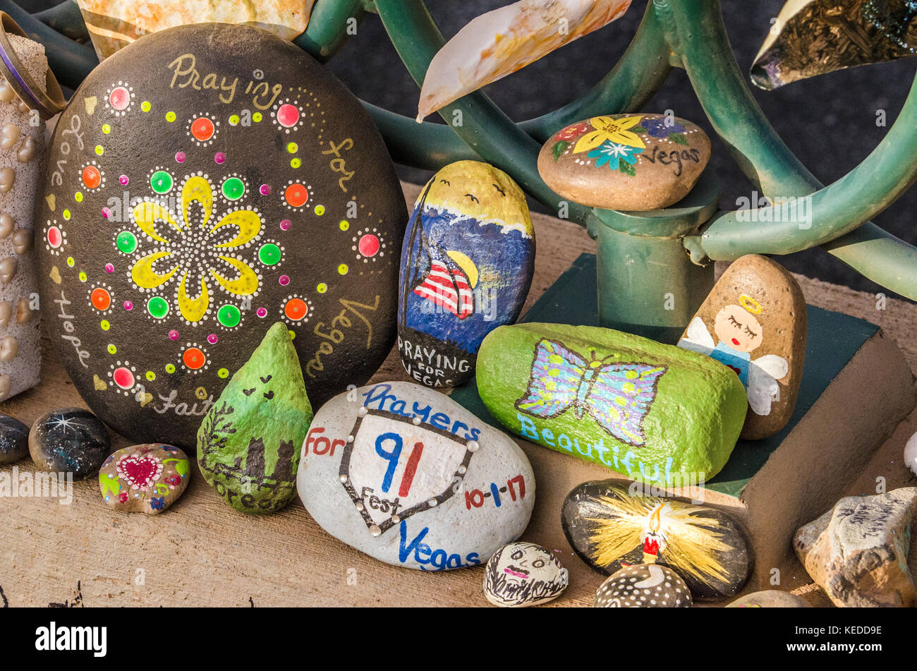 Visitors set up memorials to those lost in the Route 91 Shooting at the ...