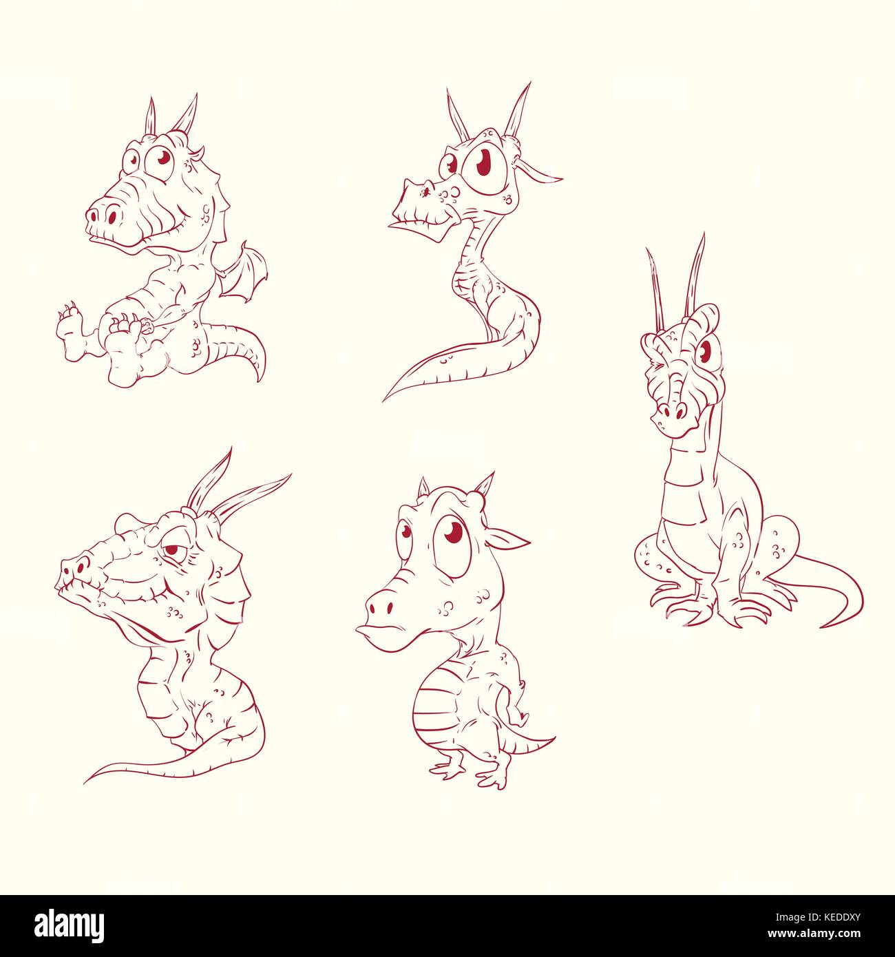 Collection of line drawing vector illustrations of baby dragons Stock ...