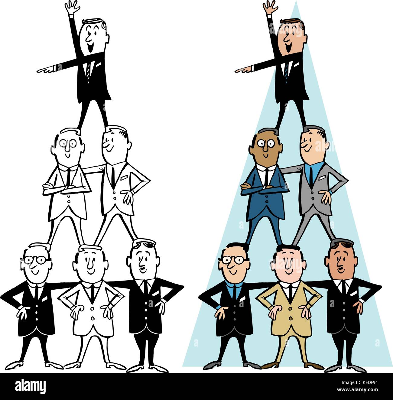 A group of businessmen stand on each other's shoulders and form a human ...